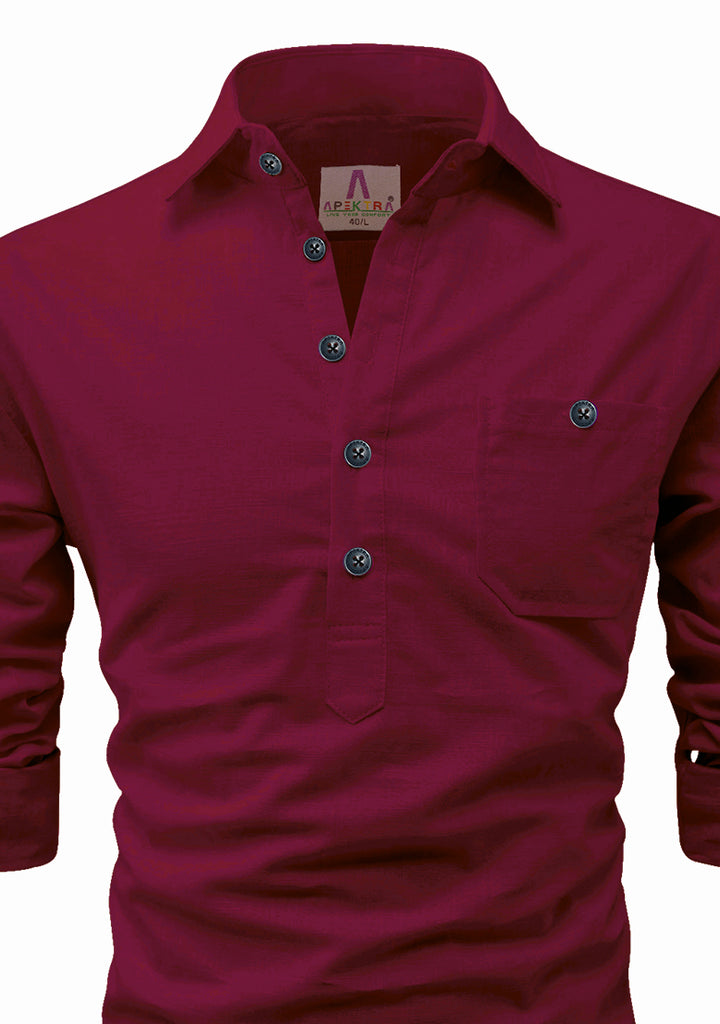 Men's Cotton Fabric Roll Up Sleeve Spread Collar Maroon Kurta – Apektra