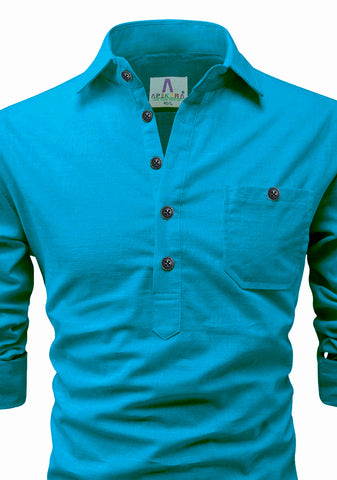 Men's Cotton Fabric Roll Up Sleeve Spread Collar Turquoise Kurta – Apektra